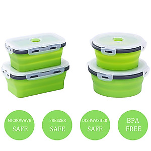 Collapsible Silicone Food Storage Containers with Airtight Lids, Set of 4 Bento Box for Kids Adults,Microwave and Freezer and Dishwasher Safe, with Vent Valve, BPA Free (Green, 500ml and 800ml)