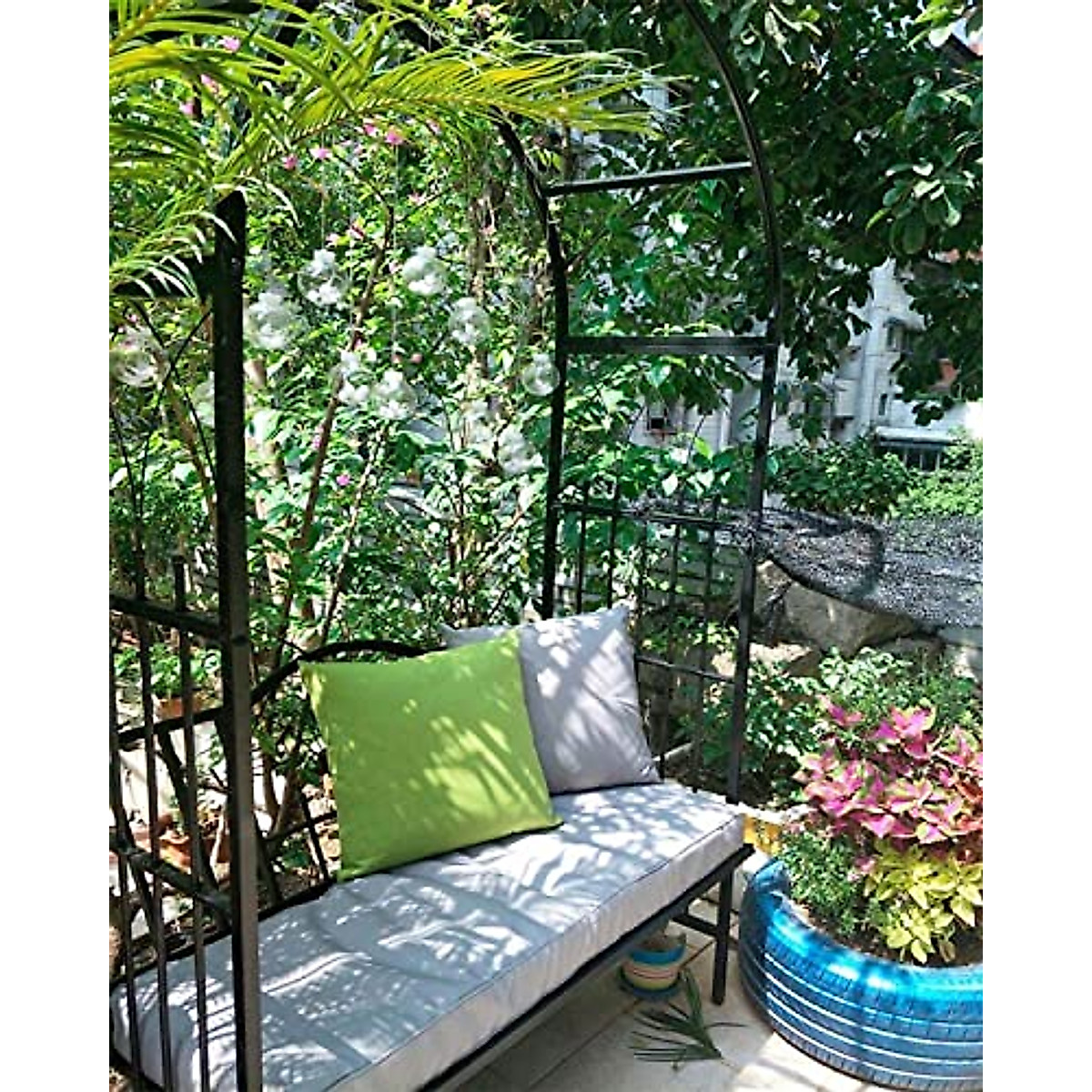 Outdoor Garden Archway with Bench Seat Metal Garden Arbor Trellis Garden Rose Arch 6.9ft x 3.7ft MetalGrape Rose Vines and Indoor Party Decoration (Black 114x210cm/3.7ftx6.9ft)