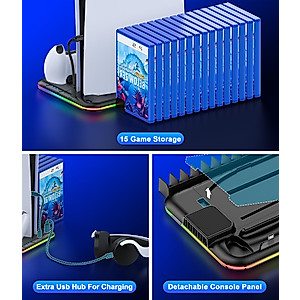 PS5/PS5 Slim Stand and Cooling Station with Controller Charging Station for Playsation 5, PS5 Accessories Kit Incl. 3 Levels Cooling Fan, LED, 15 Game Slot, Headset Holder for PS5 Digital/Disc Console