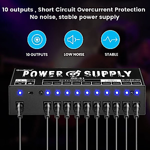 Guitar Effect Pedal Power Supply 10 DC Output for 9V 12V 18V Pedals with Short Circuit Overcurrent Protection Separate GD-01