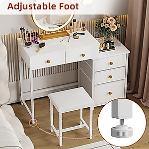 DSAFGGY Vanity Desk with Lighted Mirror and Stool, Makeup Vanity with 5 Drawers(3 Fabric), 3 Lighting Modes LED Mirror, Vanity Table for Bedroom Dresser Vanity Set, Girls Women Gift, White, 40.4" W