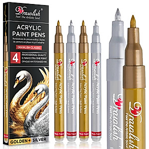 Acrylic Paint Pens - Permanent Markers 2 Gold Pens & 2 Silver Paint Marker Pens Set of 4 Acrylic Pens 0.7mm Extra Fine Tip - Ideal for Rock Painting, Fabric, Glass, Wood, Canvas, Ceramic, Porcelain