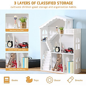 YFDZONE Dollhouse Bookshelf, Wooden Kids Bookshelve Children Doll House Toy Storage 3-Tier Bookcase for Books Gift for Girls Ages 3-7+