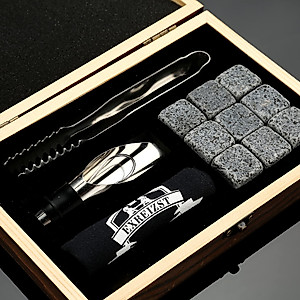 Whiskey Stones Gifts Set - 9 Granite Chilling Stones Whisky Rocks - Reusable Ice Cubes with Tongs Stopper, for Men Dad Party Birthday Anniversary Holiday Father's Day Present