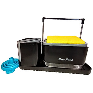 Dish Soap Dispenser for Kitchen with Sponge Holder, Dishcloth and Brush Holder, Countertop Caddy Organizer for Kitchen Sink Easy Fill with Funnel