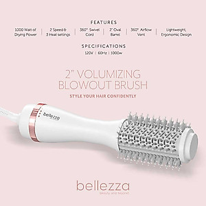 Cortex Beauty 2" Volumizing Blowout Brush – Professional Hot Brush with 1000W Drying Power, Oval Barrel, 360° Airflow, Multiple Heat Settings for Lift & Shine (Rose White Gold)
