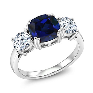Gem Stone King 925 Sterling Silver Blue Simulated Sapphire and White Zirconia 3 Stone Engagement Ring For Women (4.00 Cttw, Gemstone September Birthstone, Cushion 8MM, Size 7)