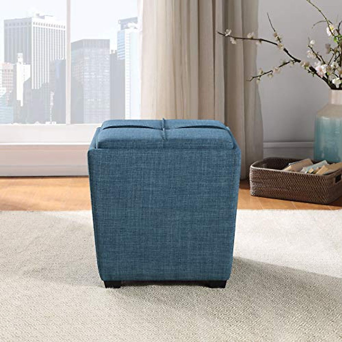 OSP Home Furnishings Ave Six Rockford Square Storage Ottoman with Padded Upholstery and Hidden Serving Tray, Blue Fabric