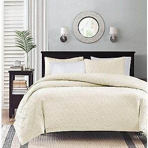 Madison Park Quebec Quilt Set - Luxurious Damask Stitching Design, Cotton Filled Lightweight Coverlet Bedspread Bedding, Shams, King/Cal King(104"x94"), Cream 3 Piece