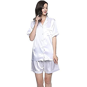 Beutyme Womens Silk Satin Pajamas Set Loungewear Two-Piece Button-Down Pj Sets Long Sleeve Sleepwear Soft Nightwear (Medium, White-1)