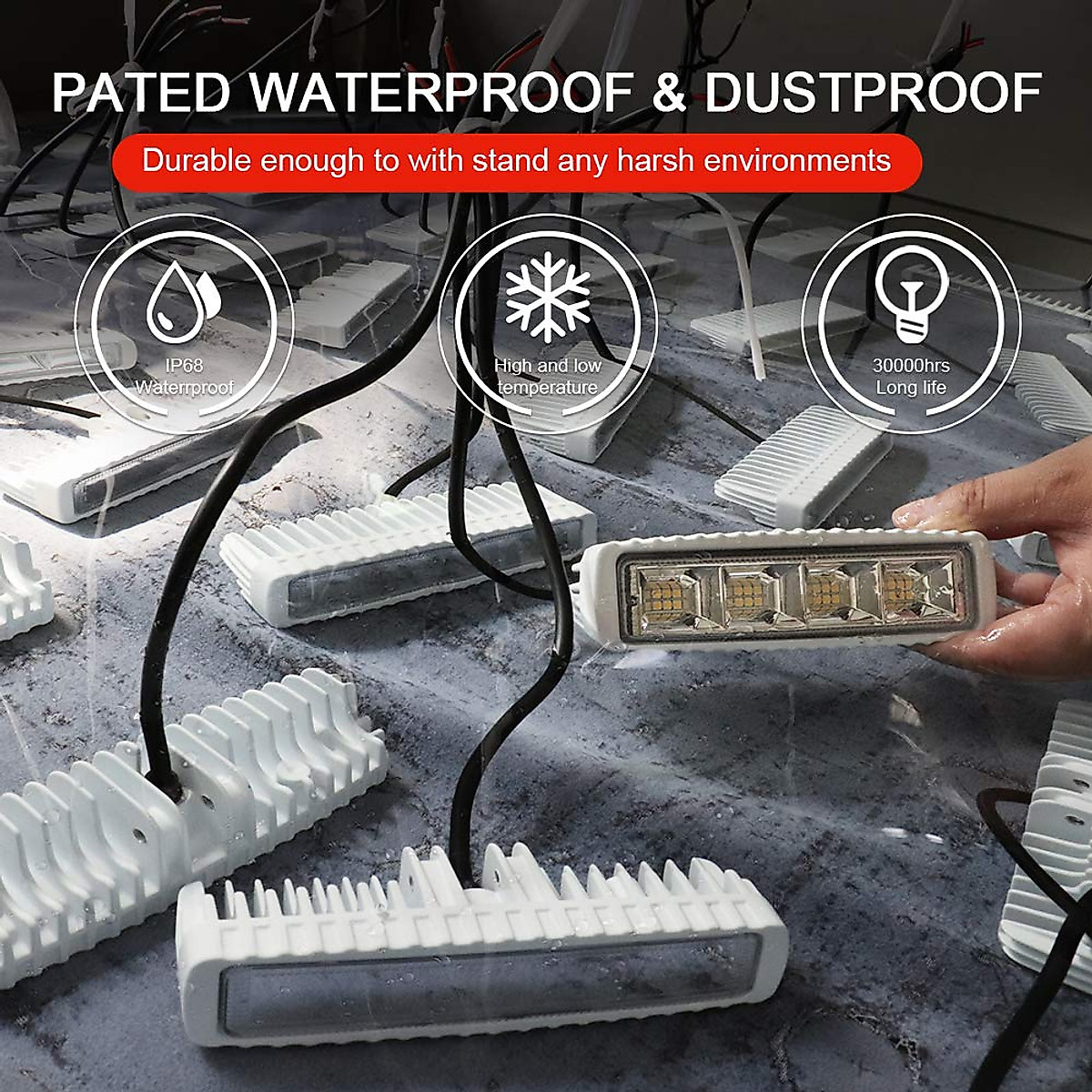 EXZEIT Waterproof Led Boat Lights, 2 pc 72W Deck/Dock Marine Lights 4000LMS 120°Flood Light, 6.3inch, 12/24 V Led Light Bar