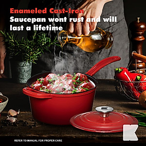 Enameled Cast Iron Saucepan Set for Professional & Home Use - 2.4 Quart - Heavy Duty Non-Stick Saucepan with Lid for Induction Gas Stoves & All Cooktops (Red)