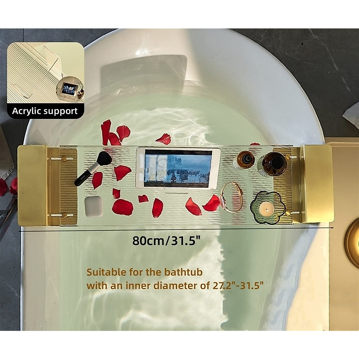 Acrylic Bathtub Tray Caddy Non-Slip Bath Tub Tray Table with Gold Brushed Handles,Reading Rack,Tablet Holder,Cellphone Tray and Wine Glass Holder (Size : Ripple+retractable-31.5")