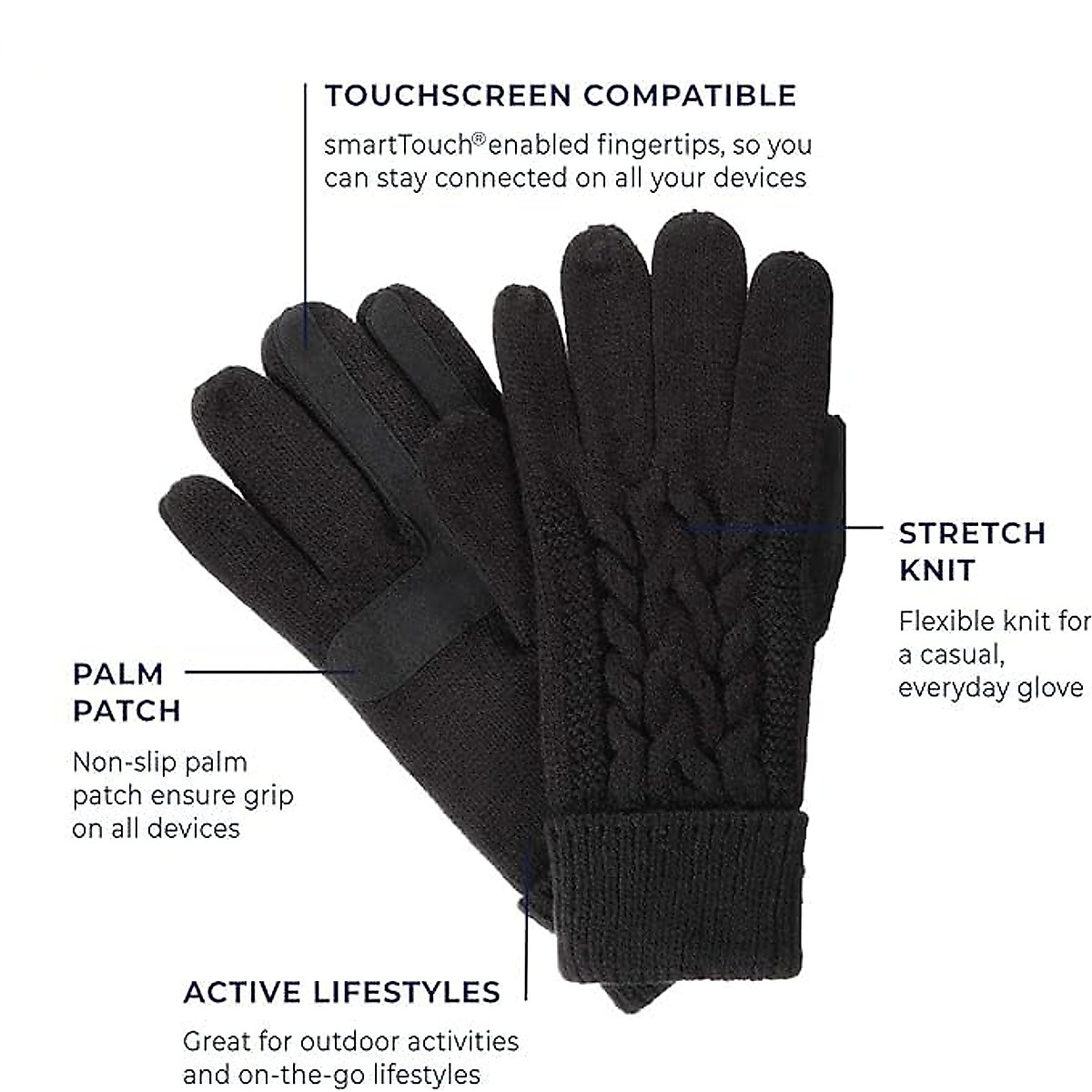 isotoner Women's Cable Knit Gloves with Touchscreen Palm Patches, One Size, Ivory