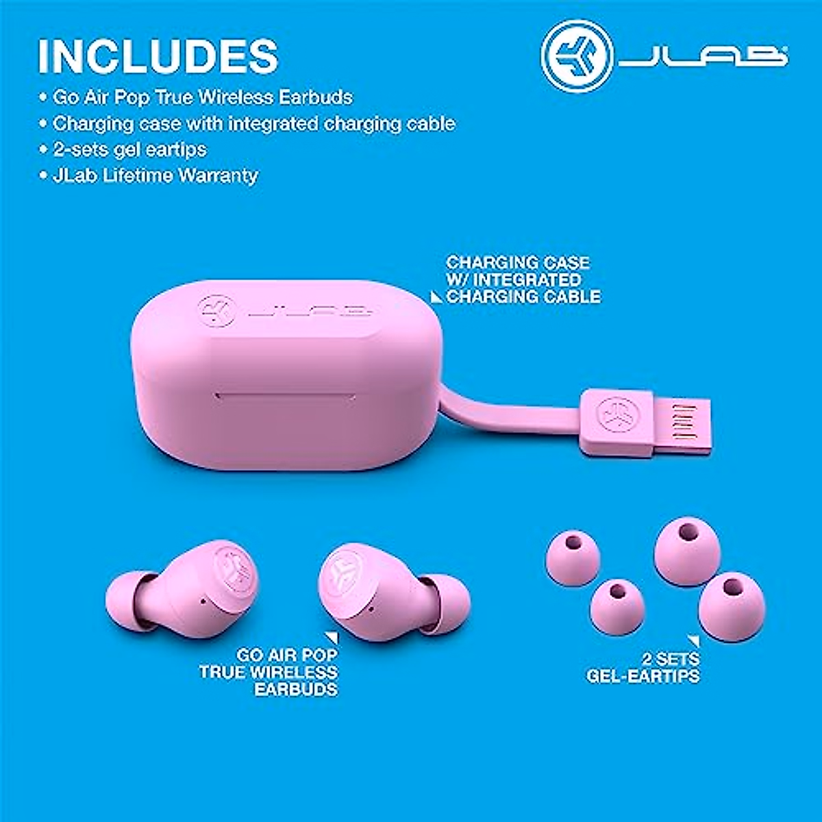 JLab Go Air Pop True Wireless Bluetooth Earbuds + Charging Case, Pink, Dual Connect, IPX4 Sweat Resistance, Bluetooth 5.1 Connection, 3 EQ Sound Settings Signature, Balanced, Bass Boost