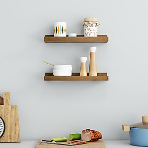 FLYJOE Picture Ledge Wall Shelves 16 inch Width Set of 2, Solid Pine Wood Rustic Floating Ledge Shelves for Wall for Kids' Room Bedroom Kitchen Bathroom Living Room Nursery Display Wall Decor, Walnut