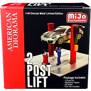 Two Post Lift (Red) with Mechanic Figurine and Oil Drainer Diorama Set for 1/64 Scale Models by American Diorama 38375