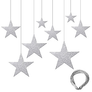 24 Pcs Silver Cardboard Stars Silver Glitter Stars Cutouts for Party Decoration 4 Sizes Glitter Star Cardboard with Nylon String Double Printed Paper Star Decorations for Wedding Wall Decor