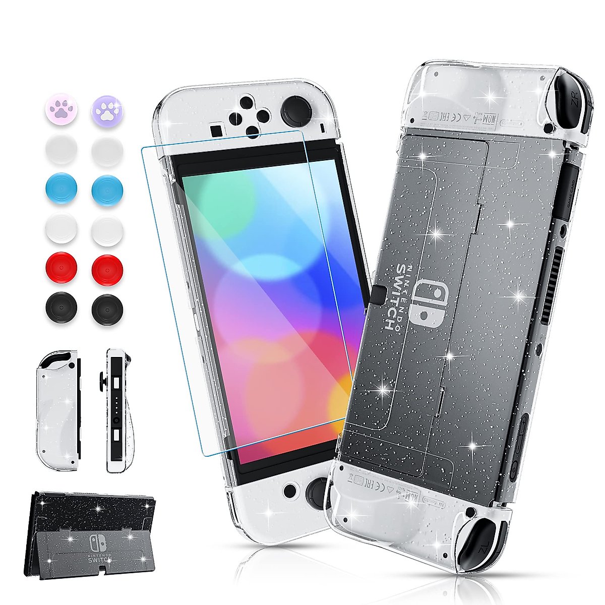 FUNDIARY Glitter Dockable Cover Case Compatible with Nintendo Switch OLED, Protective Shell for Switch OLED and Comfort Grip for Joy Con with Screen and 12 Thumb Caps - Glitter TPU Joy Con Case