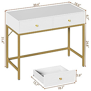 SUPERJARE Vanity Desk with 2 Drawers, Makeup Table with Golden Legs, Dressing Table for Bedroom, Computer Desk Wirting Console Table, Adjustable Feet, Metal Frame - White and Gold