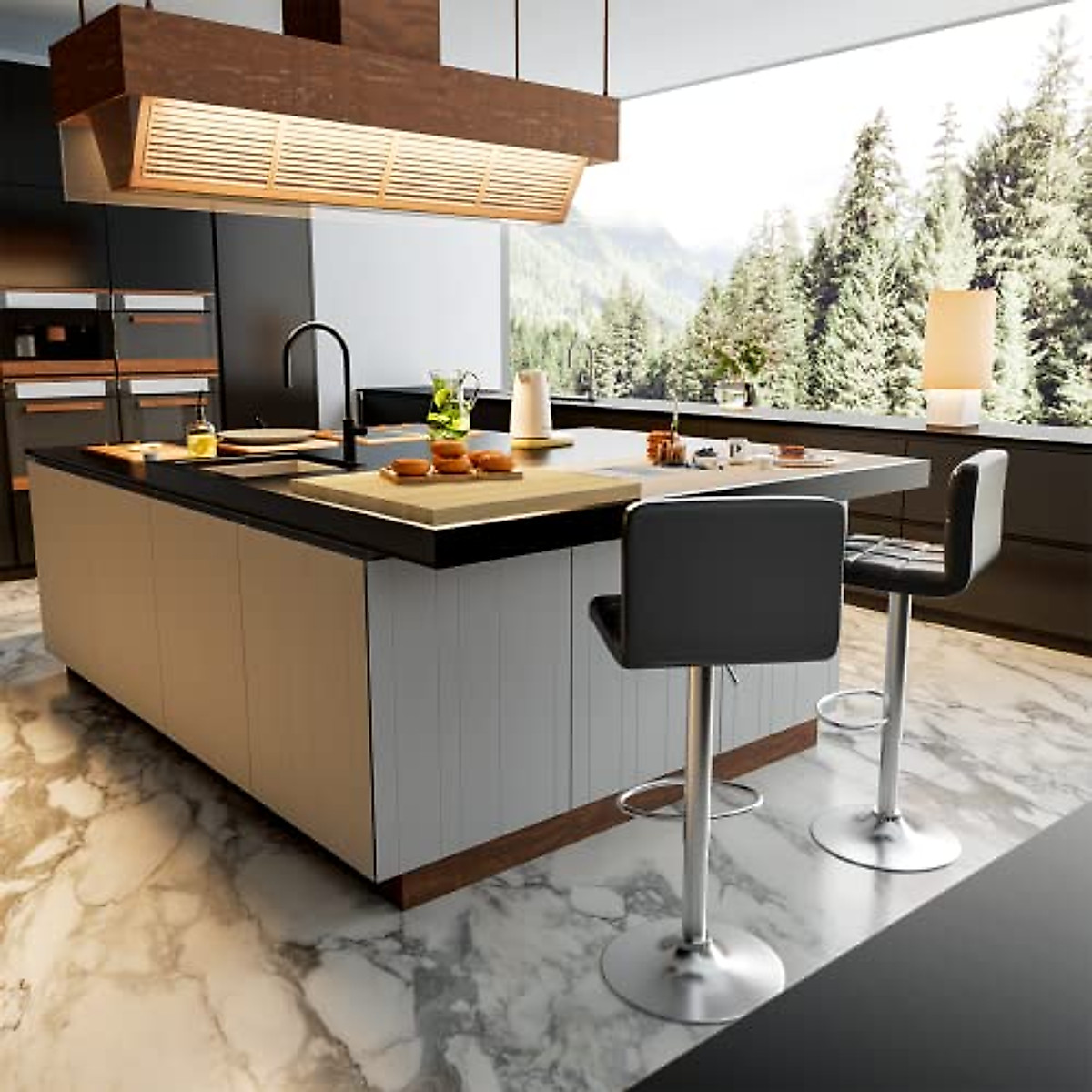 Homall Bar Stools Modern PU Leather Adjustable Swivel Barstools, Armless Hydraulic Kitchen Counter Bar Stool Synthetic Leather Extra Height Square Island Barstool with Back Set of 2(Black)