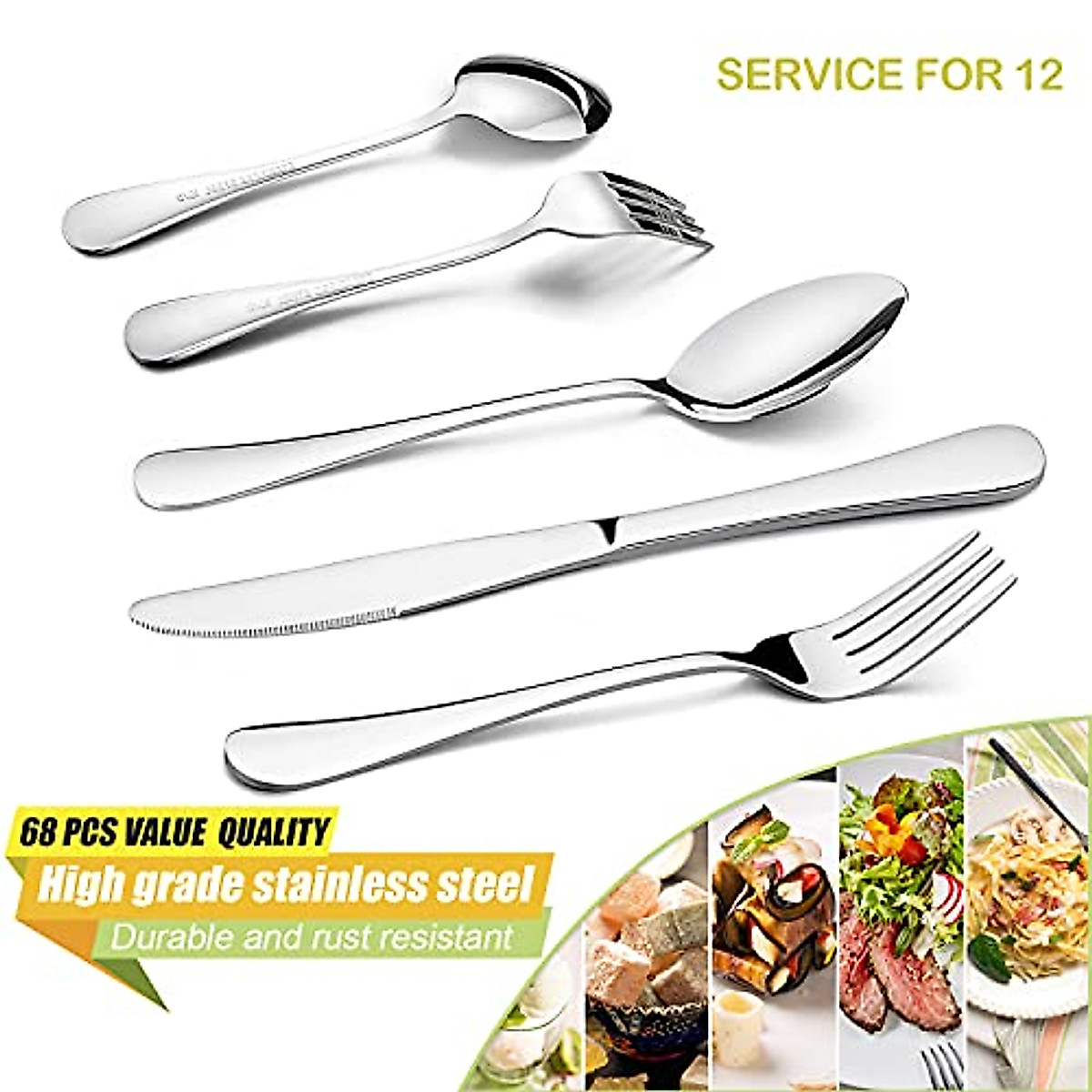 HaWare 68 Pieces Silverware Set with Serving Set, Stainless Steel Modern Flatware Eating Utensils Set, Includes Forks/Spoons/Dinner Knives, Service for 12, Mirror Polished, Dishwasher Safe