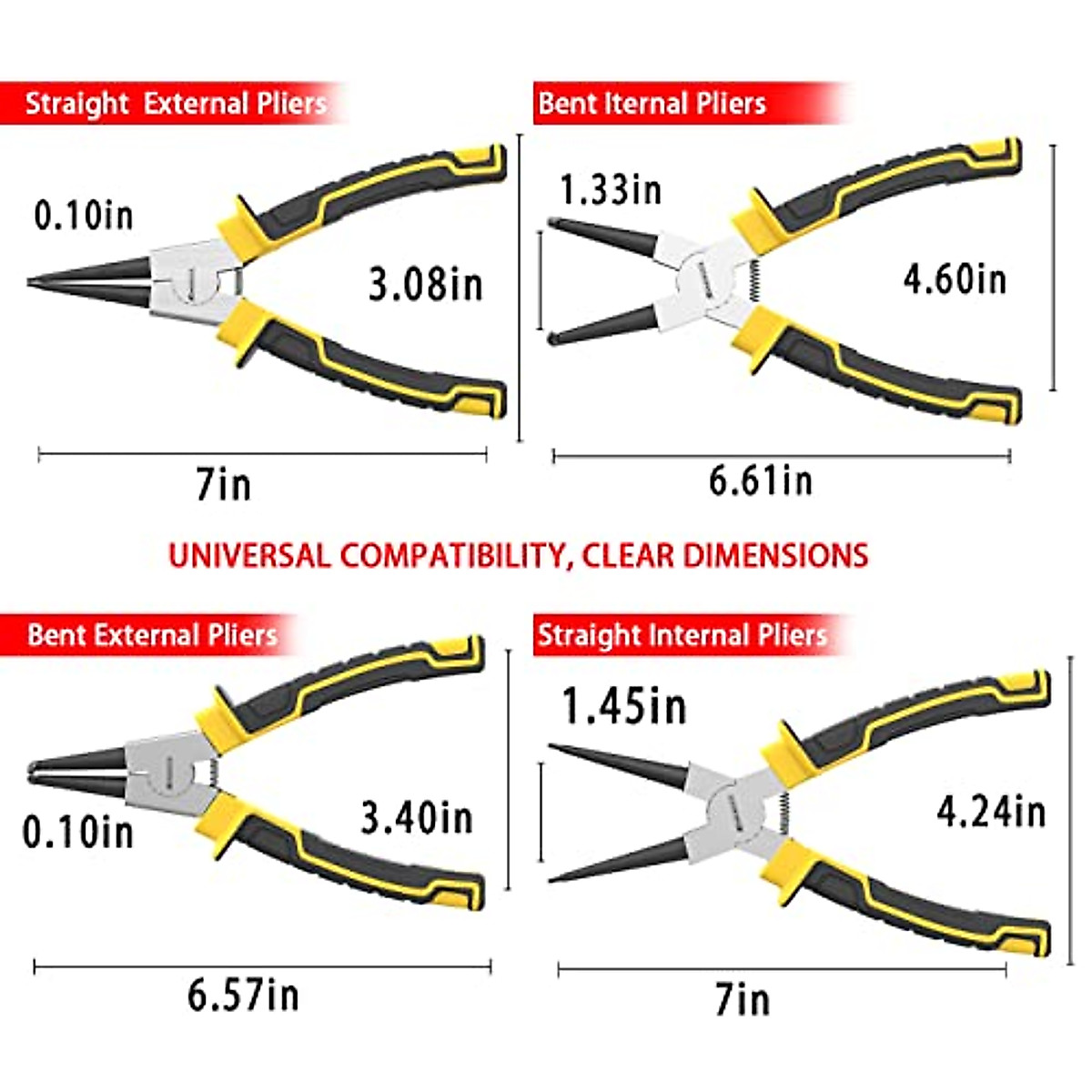 4 PCS Snap Ring Pliers Set Heavy Duty 7-Inch Internal/External Circlip Pliers Kits 5/64" Tip Straight/Bent Jaw for Ring Remover Retaining with Storage Bag