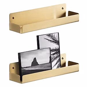 mDesign Metal Household Mounted Wall Basket Organizer Storage Tray, Rustic Hanging Holder Bin Shelf for Bathroom, Kitchen, Garage, Living Room, Cabinet, or Door, Mirri Collection, 2 Pack, Soft Brass