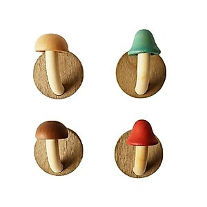 Auntzyj Fun Wooden Mushroom Coat Hook, Non-Perforated Solid Wood Hook,Mushroom Wall Hook Hanger, Kitchen Bathroom Cloakroom Door Towel Hooks (Pack of 4)