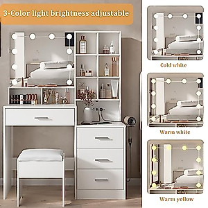 Vabches White Vanity Desk with Mirror and Lights, Makeup Vanity Table with Charging Station, 3 Lighting Modes Brightness Adjustable, 4 Drawers, 8 Shelves, Vanity Set, 38.7in(L)
