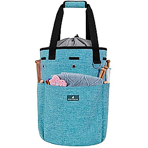 PAVILIA Knitting Bag Yarn Storage Tote - Crochet Organizer Bag, Yarn Storage Holder for Knitting Accessories, Yarn Skiens, Needles, Hooks, Unfinished Project, with Grommets (Turquoise Blue)