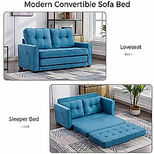 RIDFY Modern Convertible Sleeper Sofa Bed with Pull-Out Bed and Two Side Pockets, Chenille Loveseat Sleeper Sofa Couch for Living Room, Apartment, Office (Blue)