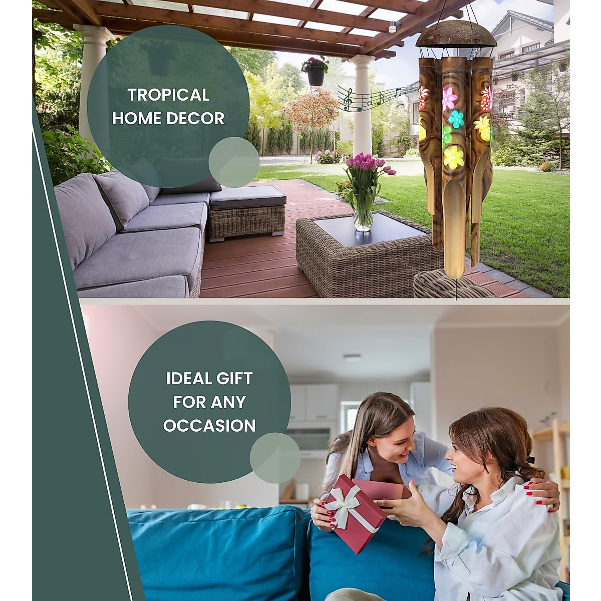 Nalulu Piney Bamboo Wind Chimes - Outdoor Wood Wooden Windchimes, Tropical Design with Coconut Crown, Handcrafted with Calming Deep Tones, Ideal Home Decor or Gift for Any Occasion