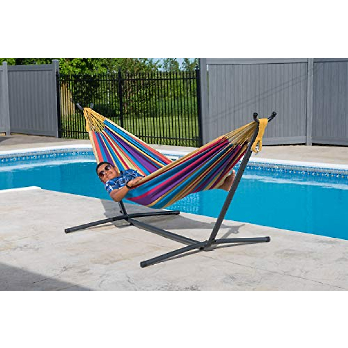 Vivere Double Cotton Hammock with Space Saving Steel Stand, Tropical (450 lb Capacity - Premium Carry Bag Included)