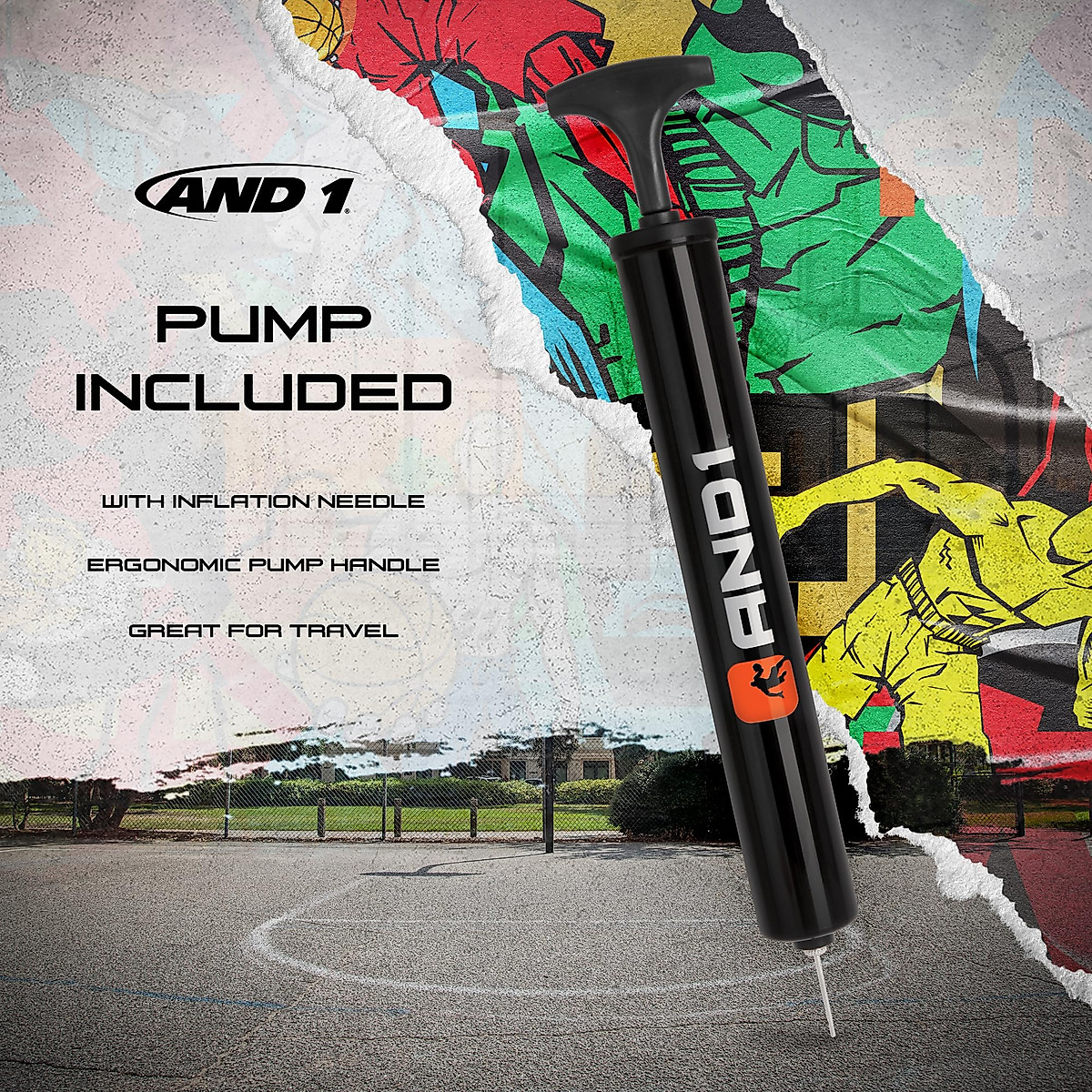 AND1 Fantom Rubber Basketball & Pump (Graffiti Series)- Official Size 7 (29.5”) Streetball, Made for Indoor and Outdoor Basketball Games (Red)