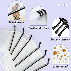 Smarpau Plastic Mesh Zipper Pouch Document Bag, 12 Pack Waterproof Zip File Folders for Office Supplies and Travel Storage (A6-9.4x4.7in, Black)