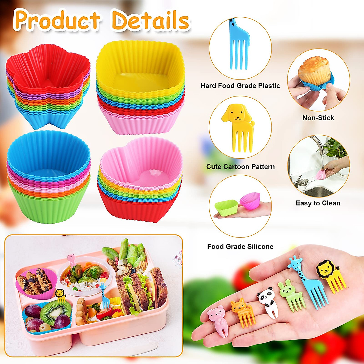 Piklodo 80Pcs Slicone Lunch Box Dividers, 60Pcs Silicone Dividers and 20Pcs Fruit Food Picks, Reusable Lunch Box Divider Inserts Multicolor Silicone Cupcake Liners Lunch Accessories