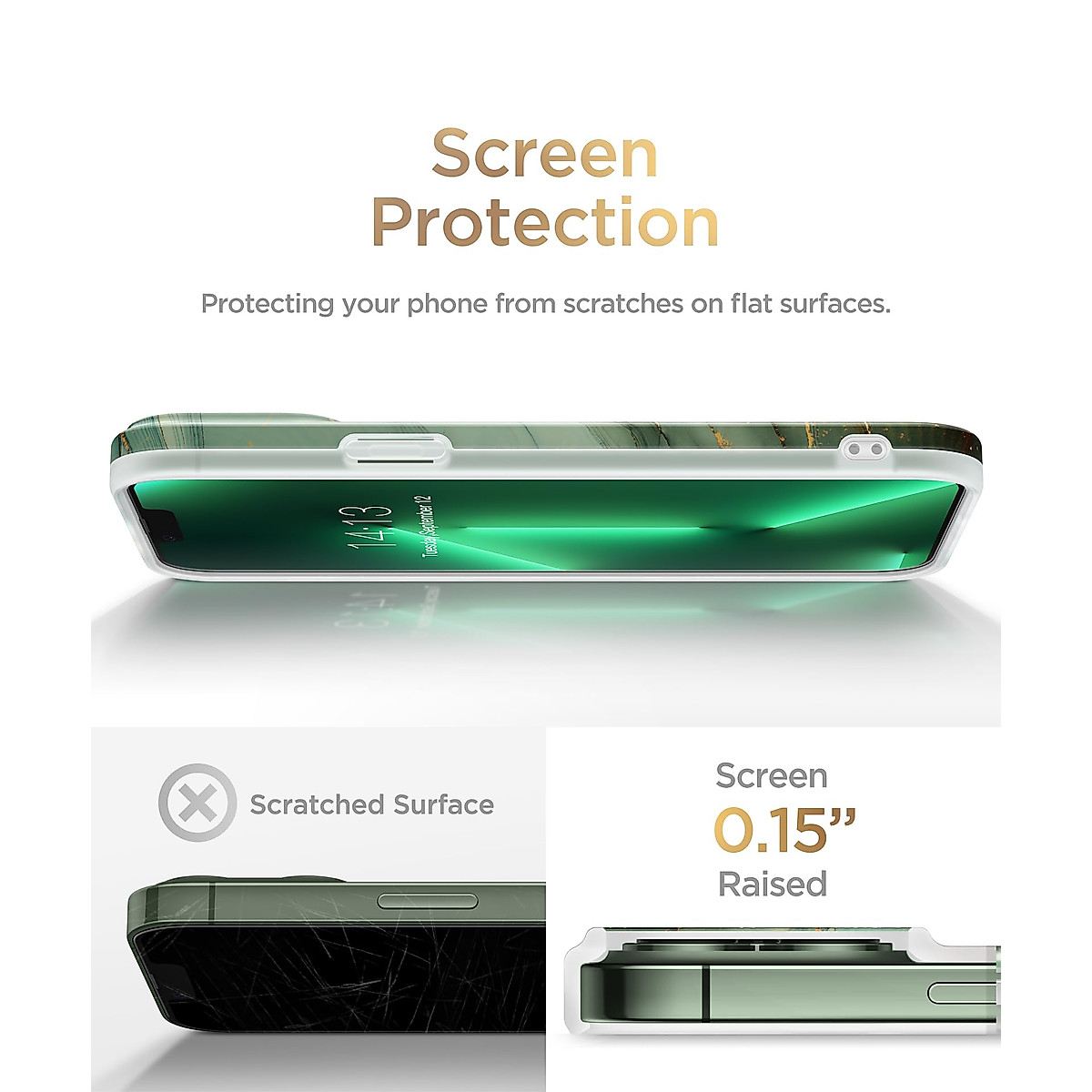 GVIEWIN for iPhone 13 Pro Case 6.1 Inch, [10FT Military Grade Drop Protection] Marble Phone Case Slim Glossy Soft TPU Shockproof Protective Cover for Women Men Phone Covers(Desert Dream/Green)