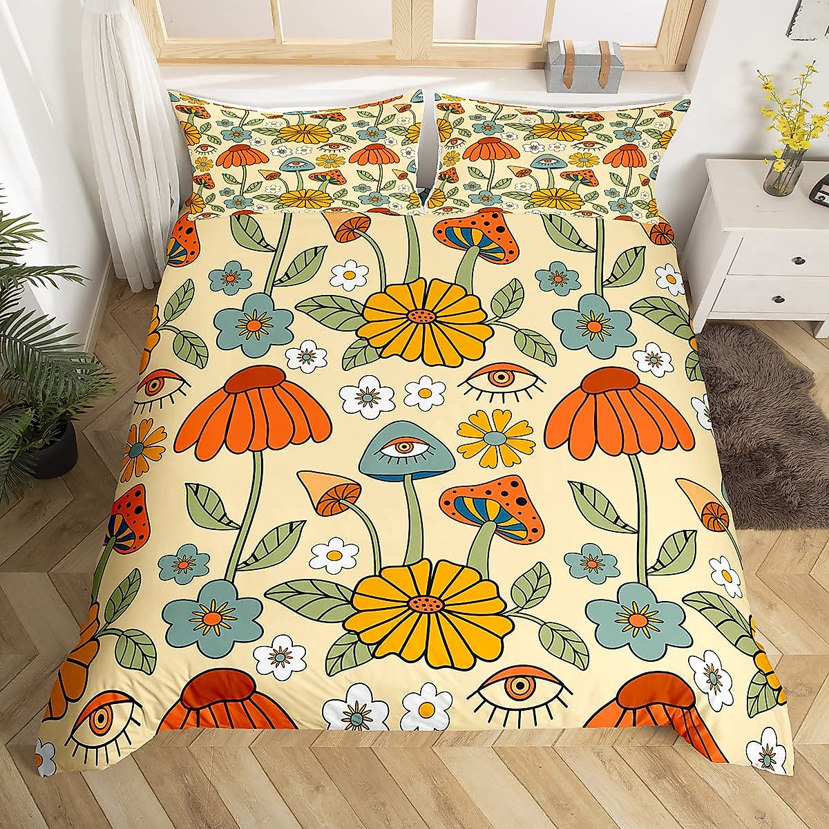 Retro Flowers Duvet Cover Set King Size,70s Floral Mushroom Comforter Cover with 2 Pillowcases,Art Hippie Plant Eye Print Modern Bedding Set for Adult Young Bedroom Xmas Gift
