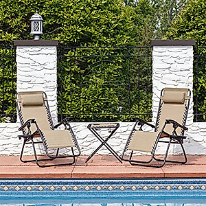 Sunnydaze Outdoor Zero Gravity Chair 2 Pack with Patio Table Cupholders and Pillows Included Khaki