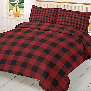 Savannan Duvet Covers 3 Pieces Set California King Size, Christmas Red and Black Plaid Buffalo Check Farmhouse Decoration Bedding Set with Zipper Closure & Corner Ties (1 Duvet Cover + 2 Pillow Sham)