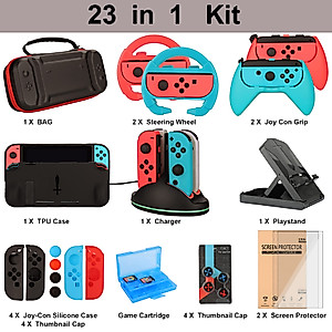 Switch Accessories Bundle for Nintendo Switch Games, Kit with Carrying Case, Steering Wheels, Screen Protectors, Charging Dock, Grips, Caps (23 in 1)