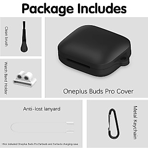 Woocon Case for OnePlus Buds Pro Charging Case,5 in 1 Soft Silicone Cover Accessories Protective Skin Sleeve for OnePlus Buds Pro 2 Wireless Earbuds with Keychain/Strap/Watch Band Holder/Brush(Black)