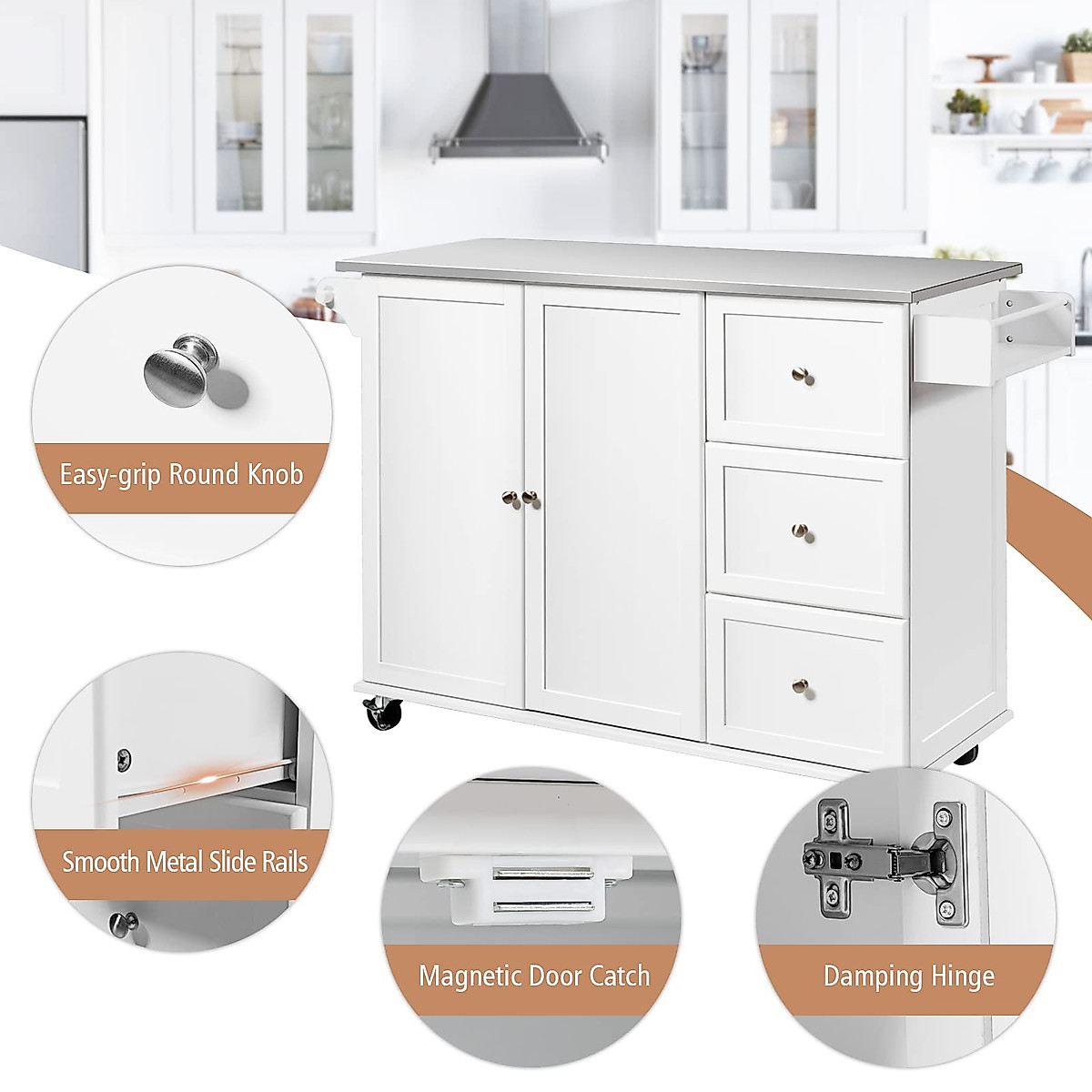 COSTWAY Kitchen Island cart on Wheels, Mobile Serving Cart w/Stainless Steel Countertop, 3 Drawers, 2-Door Cabinet, Adjustable Shelves, Towel Holder & Spice Rack, Utility Trolley on Wheels, White