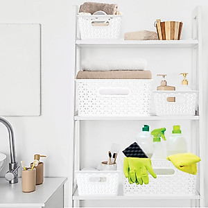 Rethink Your Room Set of 3 Large Plastic Open Storage Basket, 14 x 12 x 5 Inches, Durable Pantry and Kitchen Organization Bins for Organization, Desktops Countertops Bathroom Home, Bright White