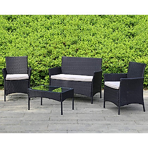 Tyyps 4 Pieces Patio Furniture Set, Garden Conversation Bistro Set with Cushion and Glass Coffee Table, Rattan Wicker Chair Outdoor Wicker Conversation Set for Garden Balcony Porch Poolside Black