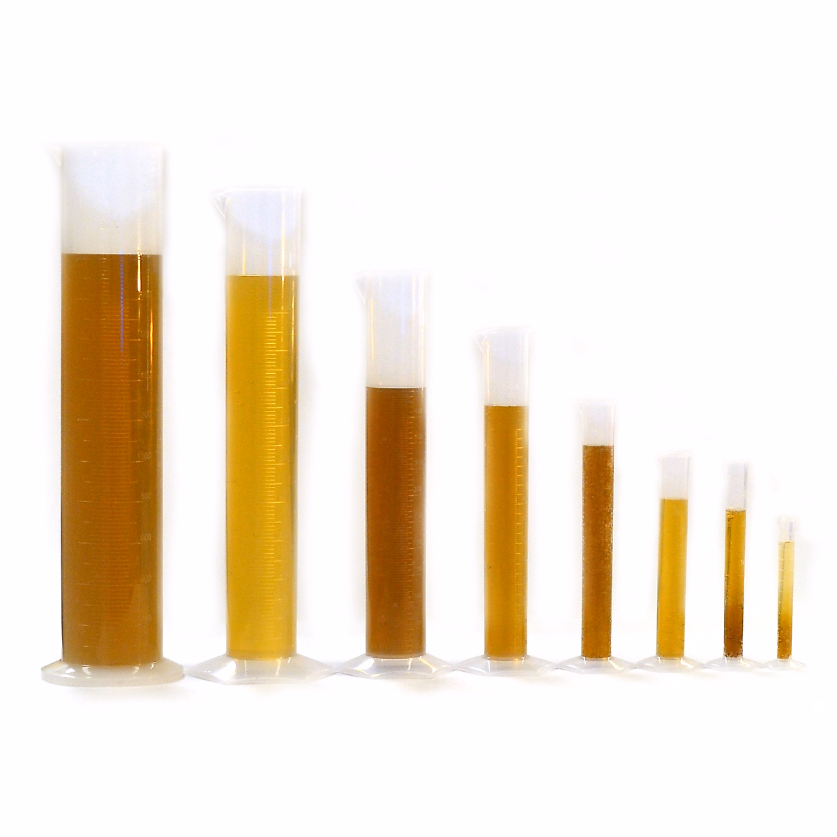 Set of 8 Polypropylene Graduated Cylinders, Hexagonal Base*, Raised Graduations - 10, 25, 50, 100, 250, 500, 1000, 2000mL*Round Base