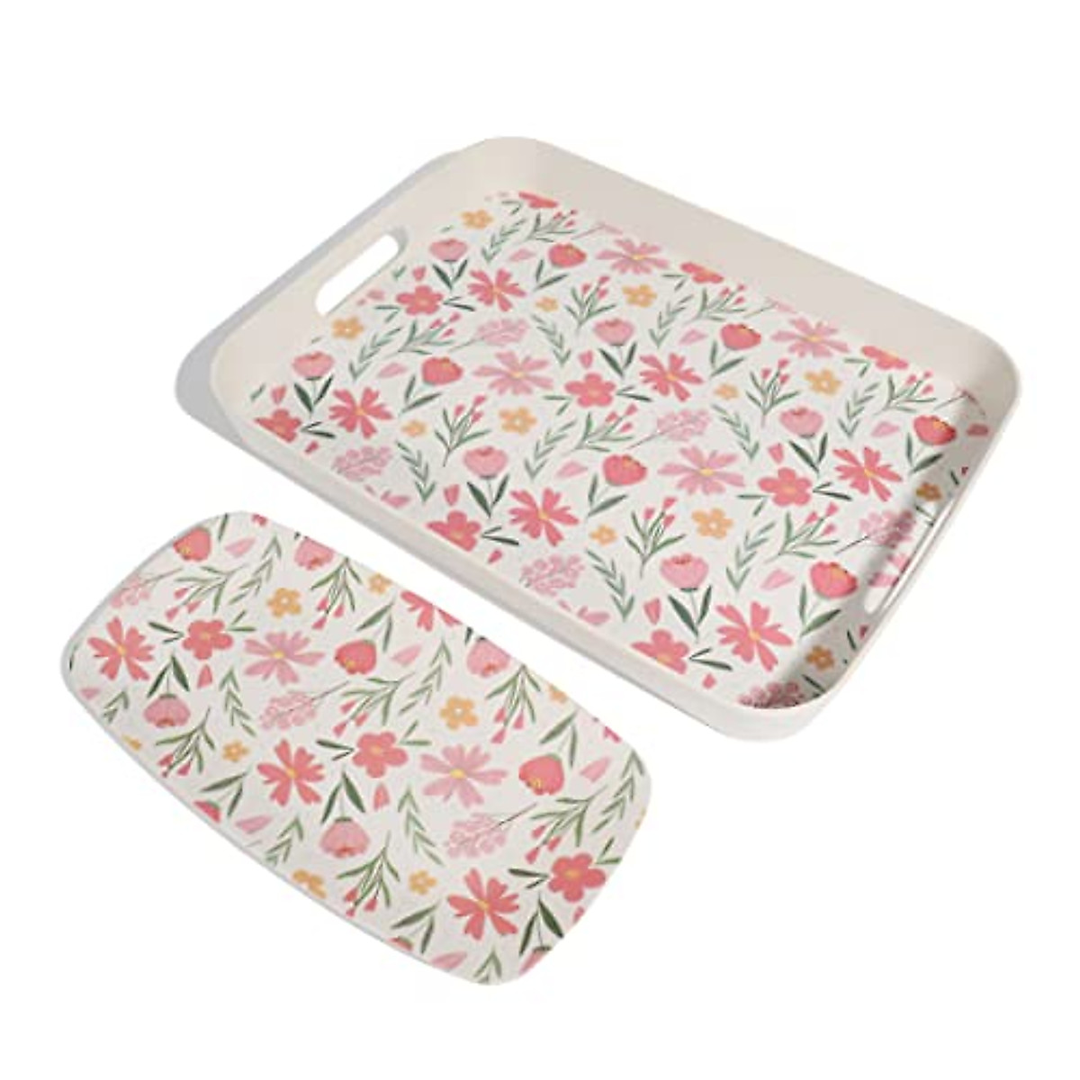 Finorder Serving Trays, Bamboo Fiber Tray with Handles, 16" x 12" Decorative Tray Great for Eating, Tea, Bar, Breakfast or Any Food Tray, Red Flower Prints