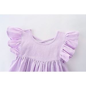 GSVIBK Baby Girls Linen Cotton Dress Halter Flutter Sleeve Casual Dress Toddler Girl Ruffle Sleeve Dress 686 Lavender 90