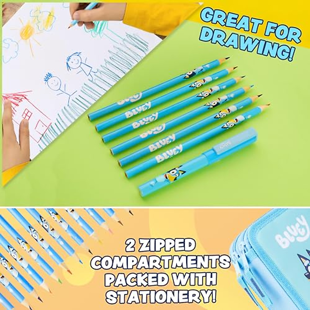 Bluey Filled Pencil Case for Kids with 2 Compartments, Stationery Included - Primary School Supplies